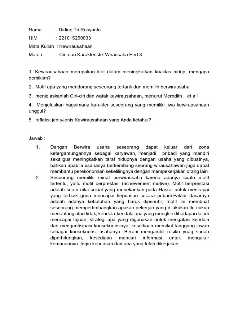 Ciri Dan Karakteristik Wira Usaha Pert 3 | PDF | Karier & Perkembangan | Bisnis