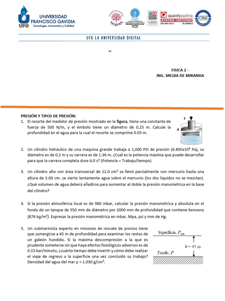 Tarea 2-Presión y Principio de Pascal | PDF | Presión | Pascal (Unidad)