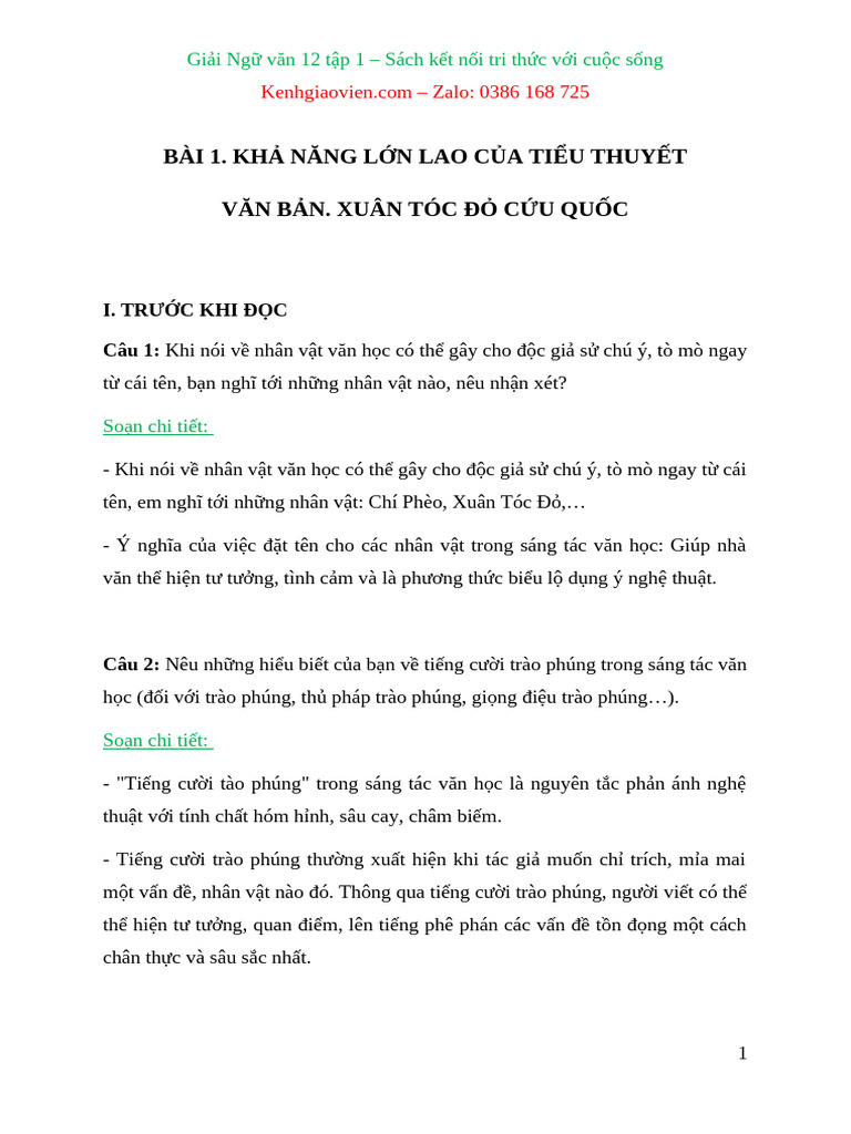 Da Chi Tiet Van12 KNTT Bai1 Van Ban Xuan Toc Do Cuu Quoc | PDF