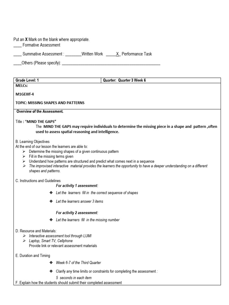 Missing Shapes and Patterns Learning-Assessment-Design_Build | PDF