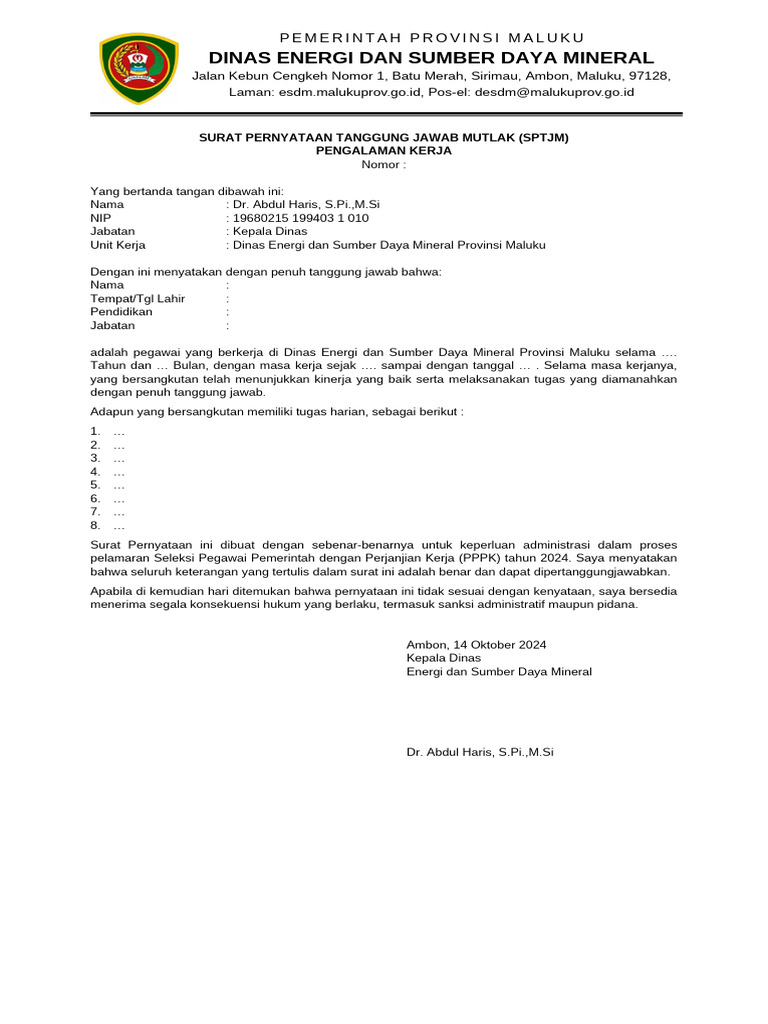 Form SPTJM Pengalaman Kerja | PDF