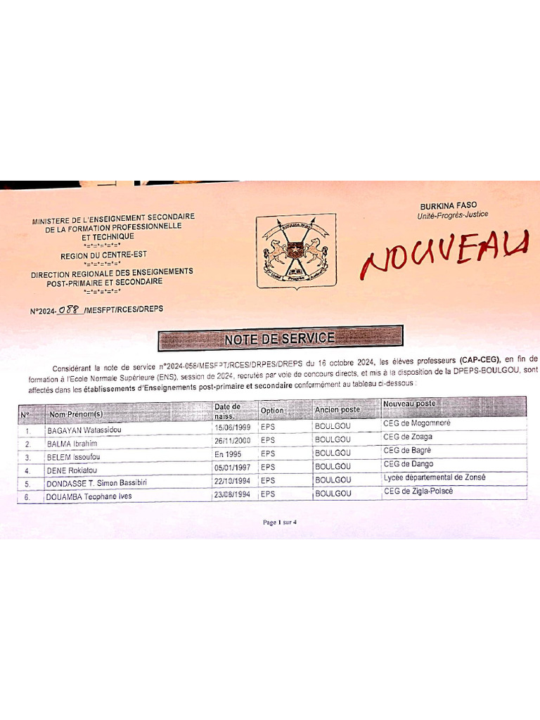 Note d'affectation dans les établissements | PDF