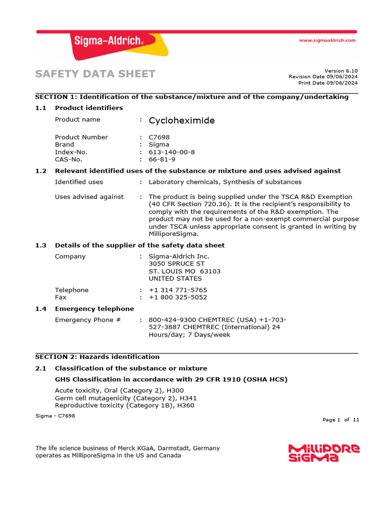 Cycloheximide Safety Data Sheet C7698 | PDF | Sigma Aldrich | Toxicity