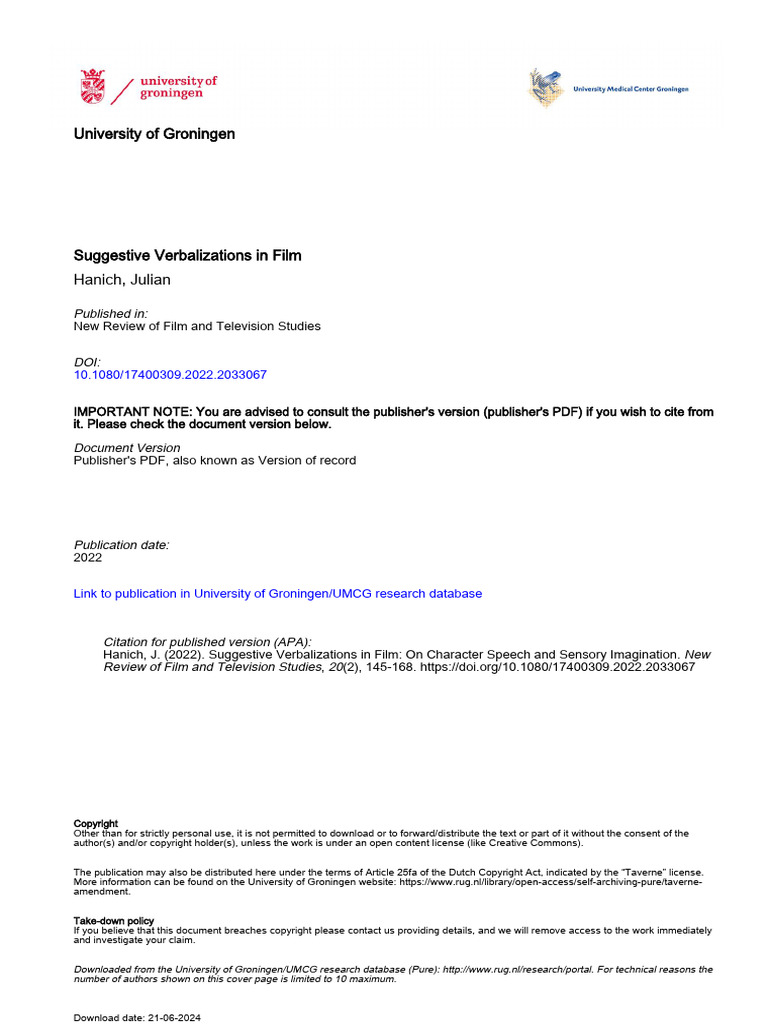 Suggestive Verbalizations in Film On Character Speech and Sensory ...