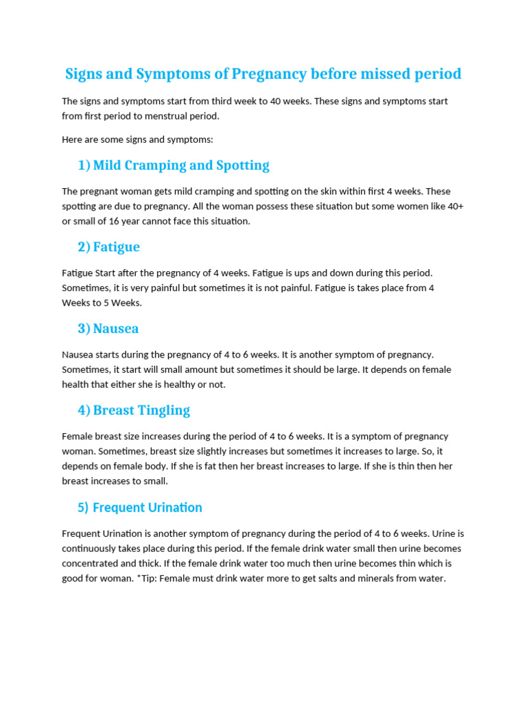 Signs and Symptoms of Pregnancy Before Missed Period | PDF | Pregnancy ...