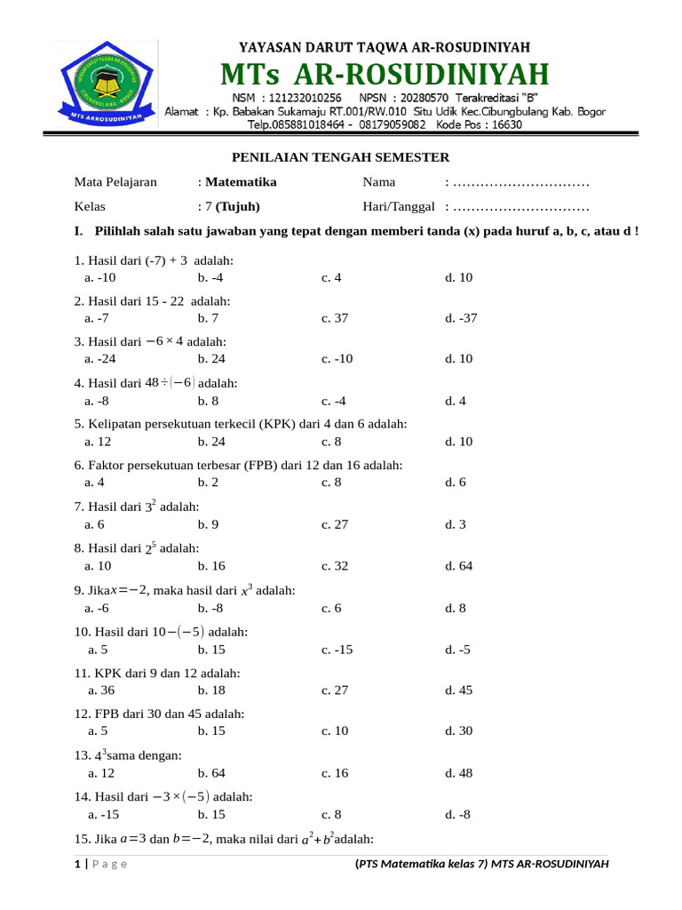 PTS MTK Kelas 7 | PDF