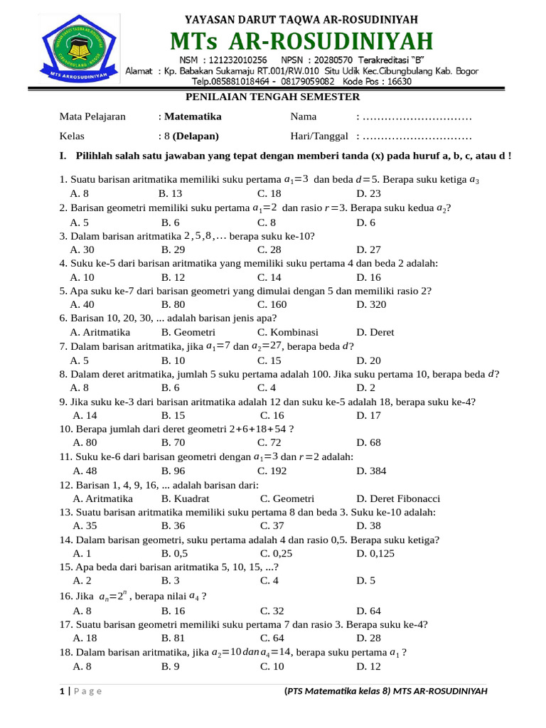 PTS MTK Kelas 8 | PDF
