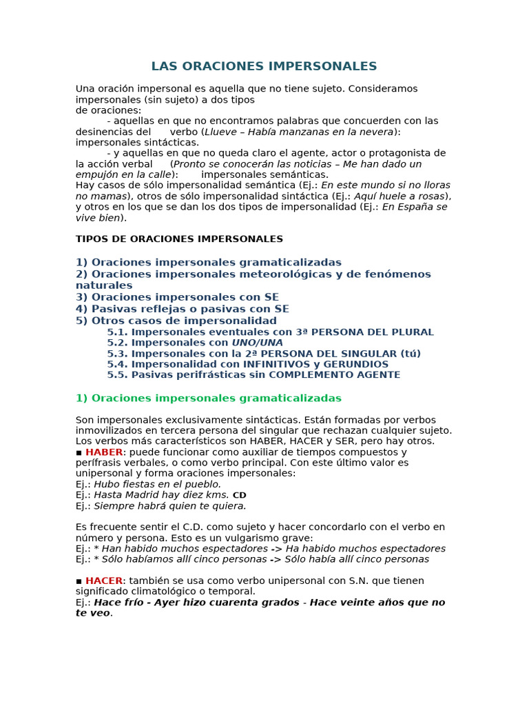 Las Oraciones Impersonales | PDF | Verbo | Asunto (gramática)