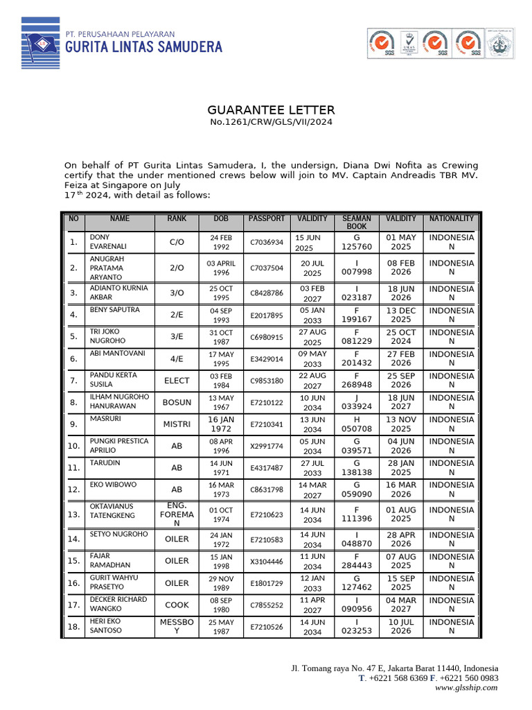 Guarantee Letter: NO Name Rank DOB Passport Validity Seaman Book ...