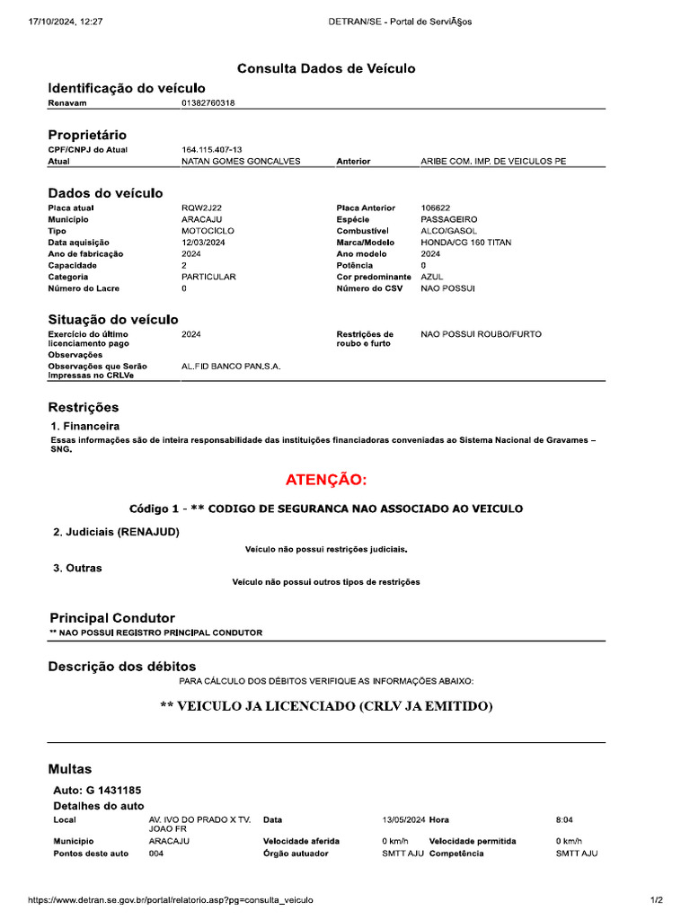 Documento Da Moto Dados Pessoais | PDF