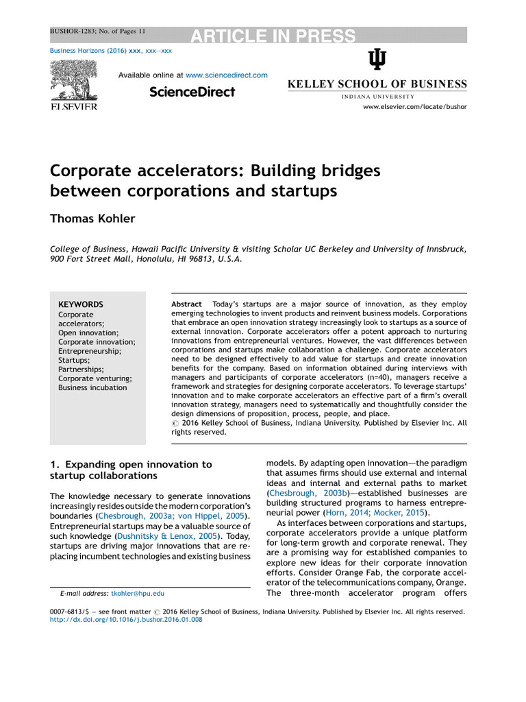 Kohler 2016 - Corporate Accelerators - BHO (Alunos) | PDF | Startup ...