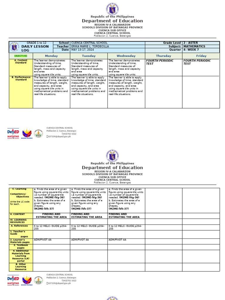 Dll-Week 7-Math 2-Edited | PDF | Area | Learning