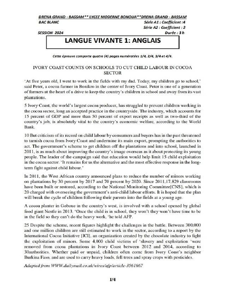 Bac Blanc 2024 Anglais Lv1 Serie A1 A2 | PDF