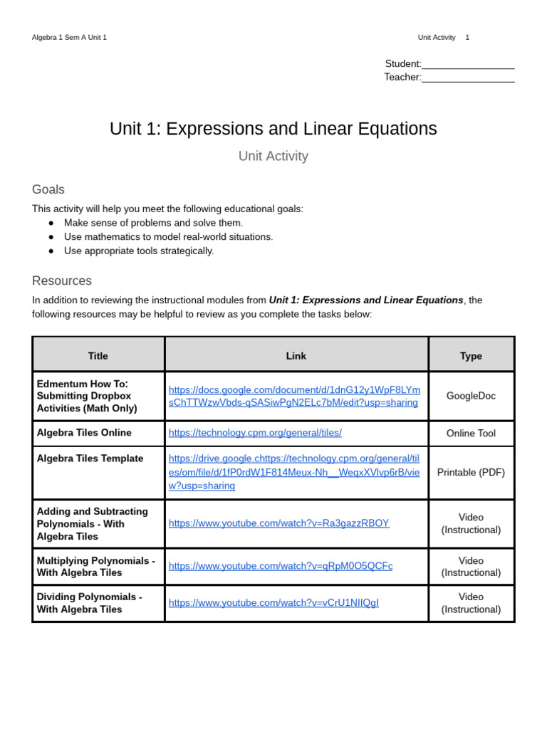 Unit Activity - Unit 1 - Expressions and Linear Equations | PDF ...