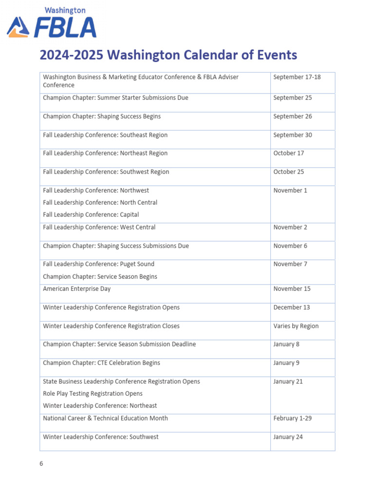 WA FBLA Calendar 2024 25 | PDF | Home & Garden
