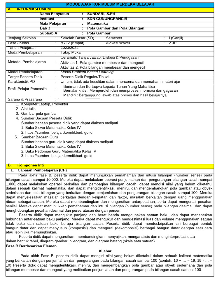 Modul Ajar Pola Gambar Dan Pola Bilangan Kelas 4 | PDF | Karier & Perkembangan