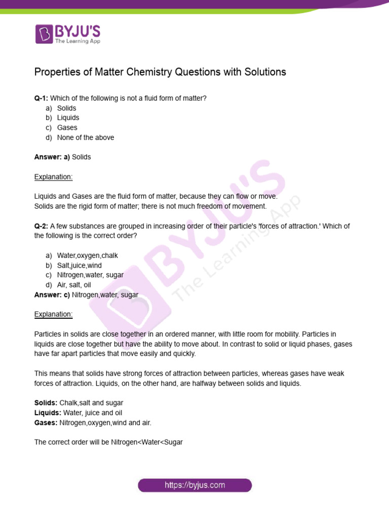 Properties of Matter Chemistry Questions | PDF | Liquids | Gases