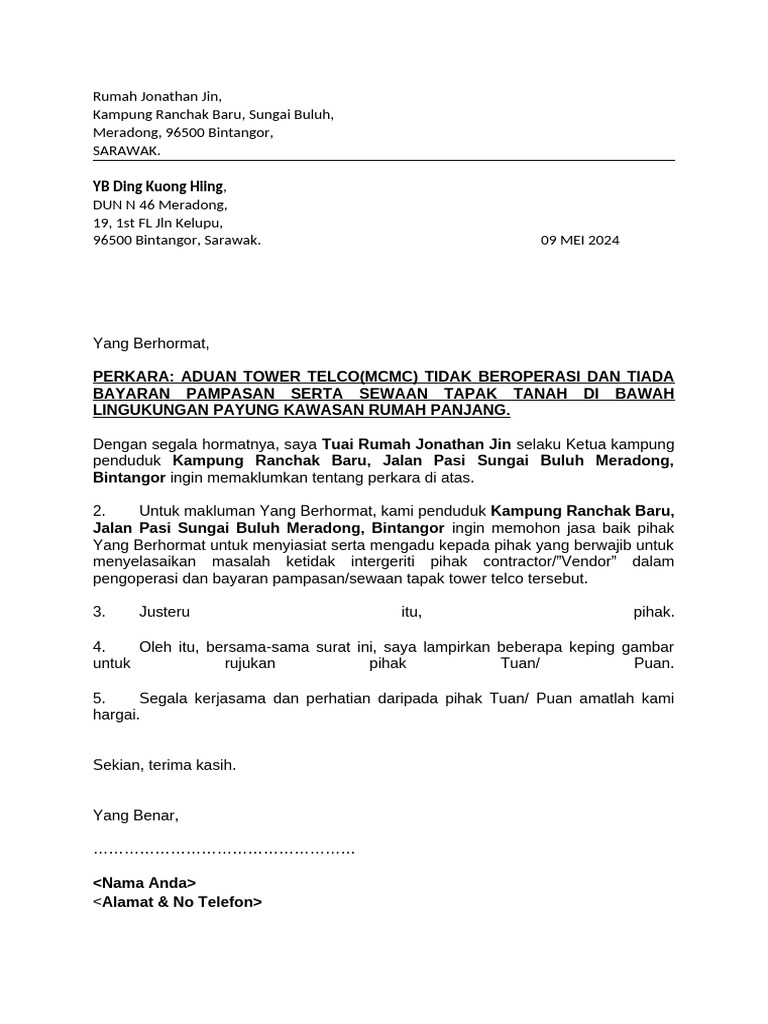 Surat Rasmi Aduan Tower 2024 | PDF