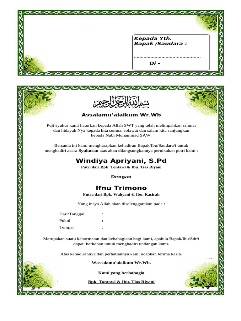 Undangan Syukuran Pernikahan Windiya & Ifnu | PDF