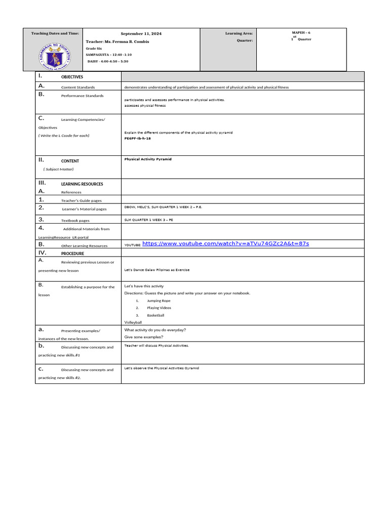 DLL P.E. Q1 W4 D3 | PDF | Physical Education | Learning