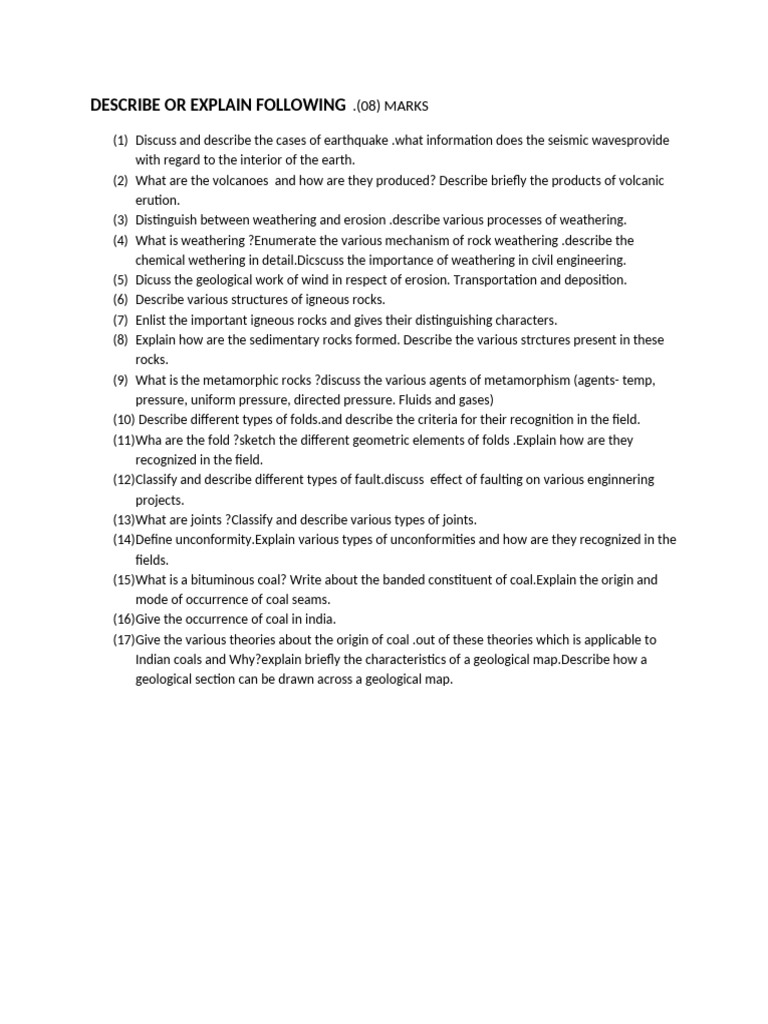Describe or Explain Following 08 Marks Geology 2ñd Year (Mining) | PDF