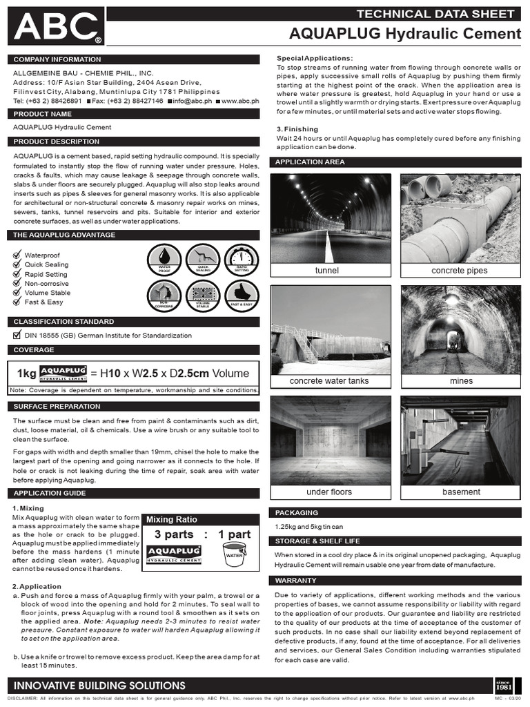 AQUAPLUG-Hydraulic-Cement-Technical-Data-Sheet-2020 | PDF | Concrete | Water