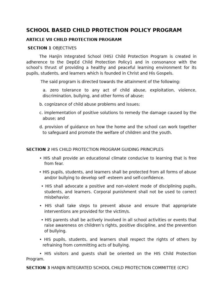 School Based Child Protection Policy Program | PDF | Bullying | Child ...