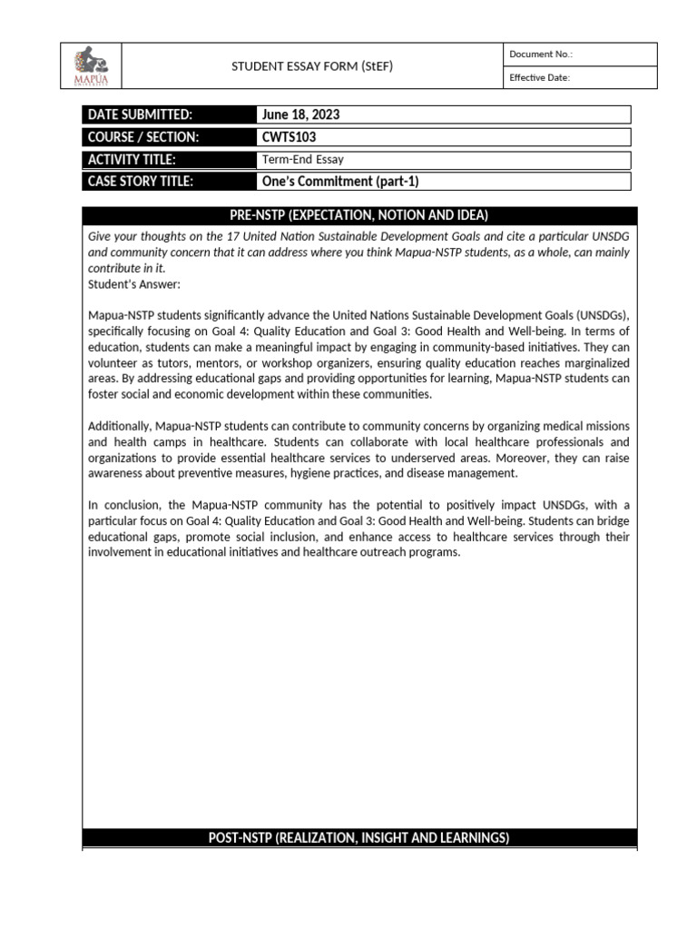 Form - CWTS103 Term-End Essay Part1 02MAY2022 | PDF | Self-Improvement
