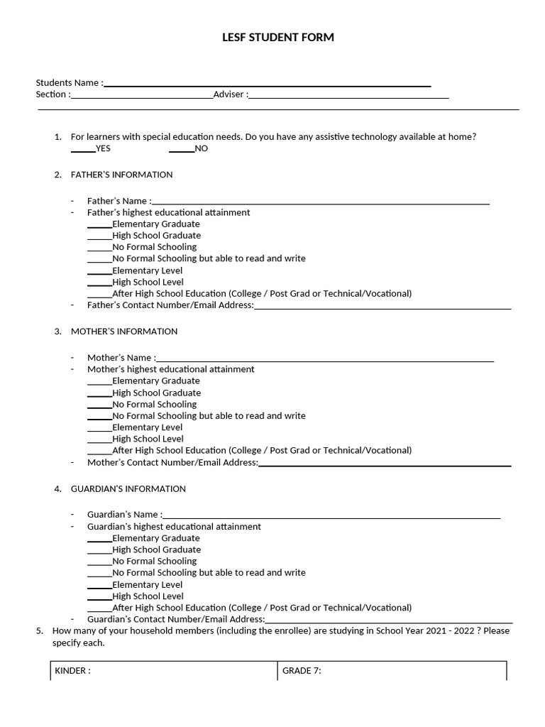 Lesf Student Form | PDF | Learning | Literacy
