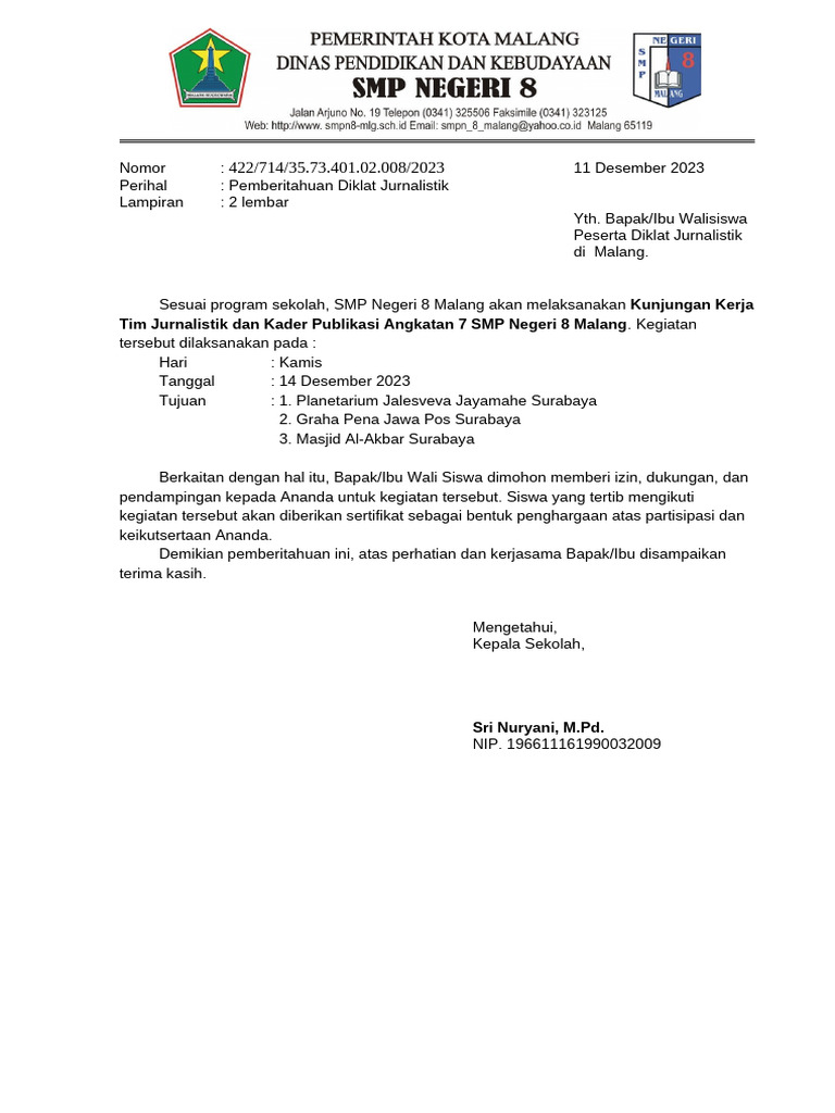 Surat Pemberitahuan Kunjungan Diklat Jurnalistik 2023 | PDF