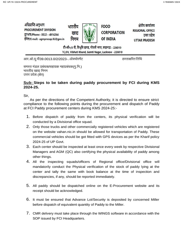 Sub: Steps To Be Taken During Paddy Procurement by FCI During KMS 2024 ...