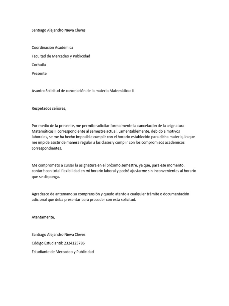 Santiago Alejandro Nieva Cleves (Carta de Peticion) | PDF