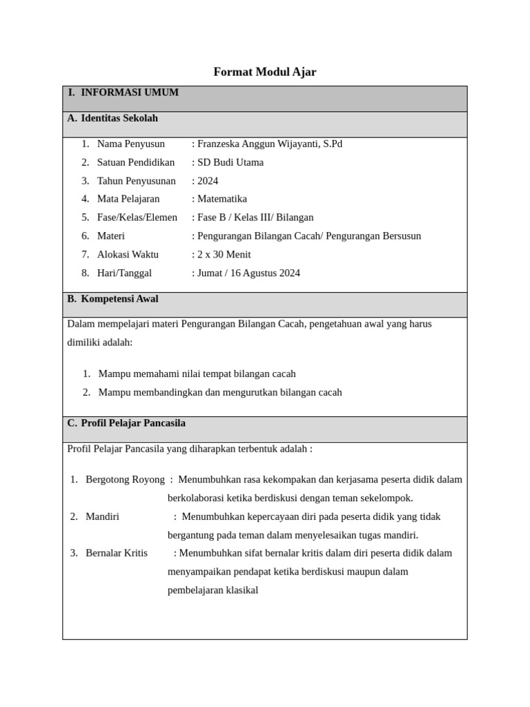 Modul Ajar Pengurangan Kelas 1 SD | PDF