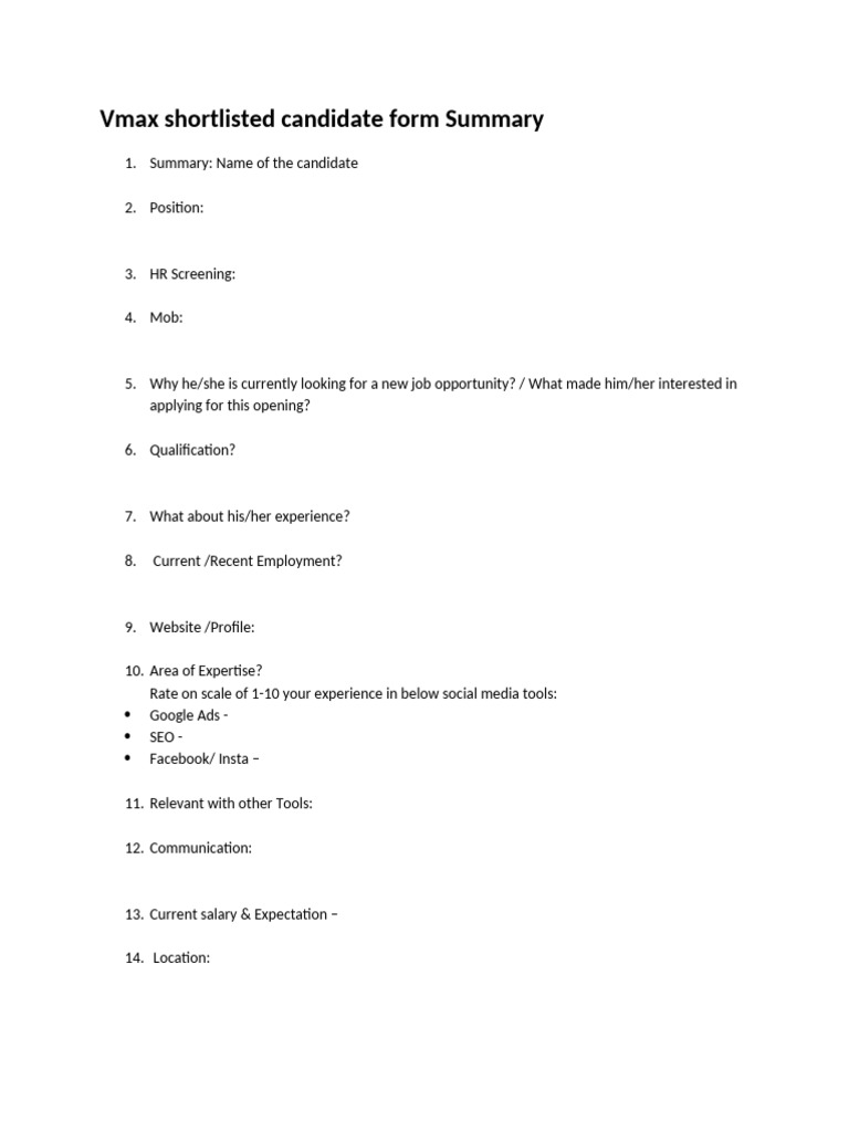 Vmax Shortlisted Candidate Form Summary | PDF | Computers