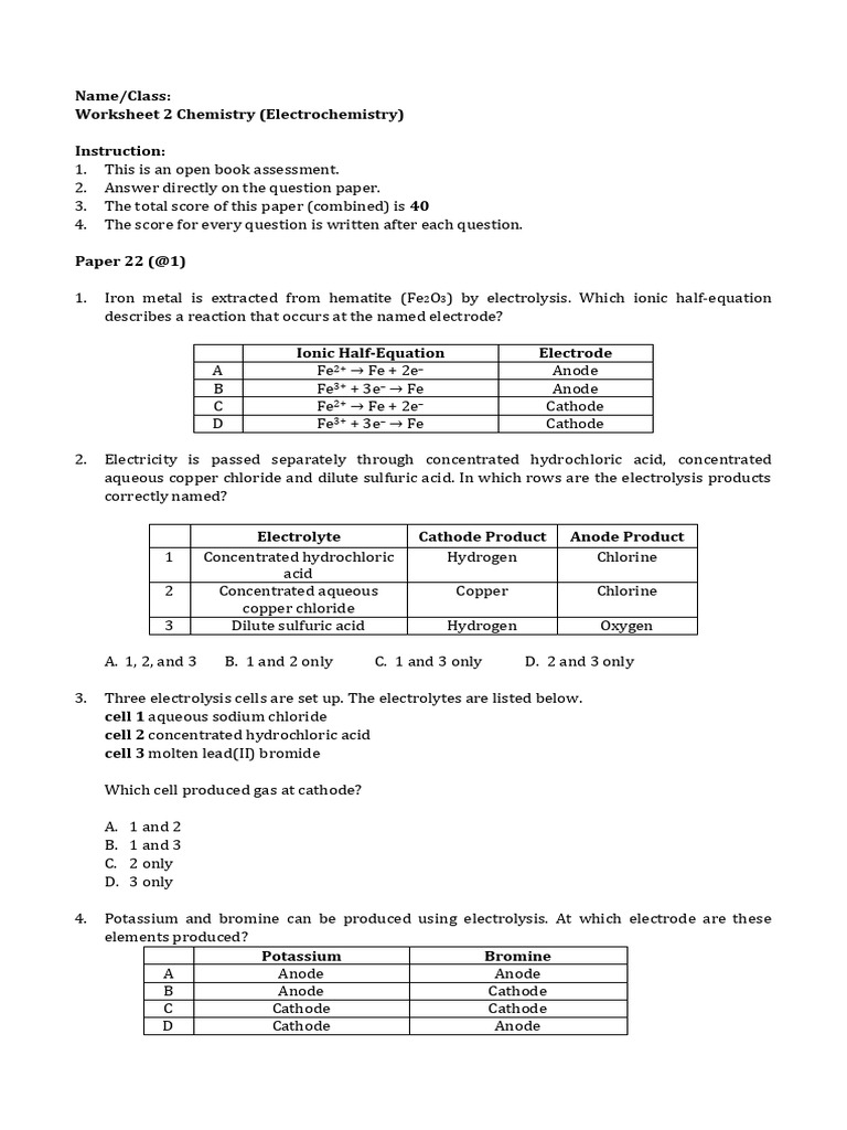 Electrochemistry Exercise IGCSE | PDF | Electrochemistry | Anode