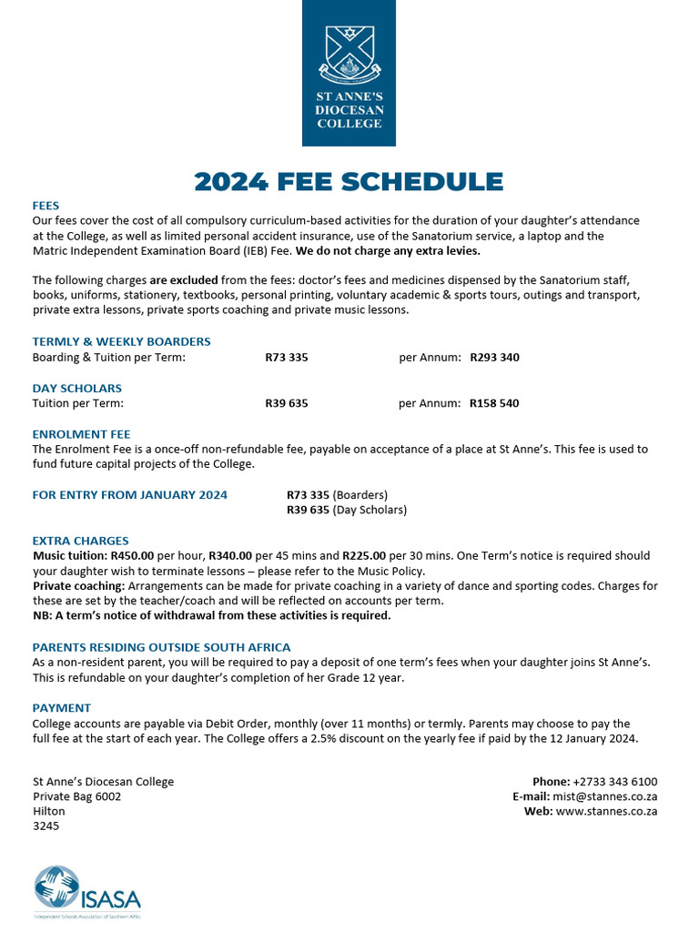 2024 Fee Schedule | PDF | Fee | Tuition Payments