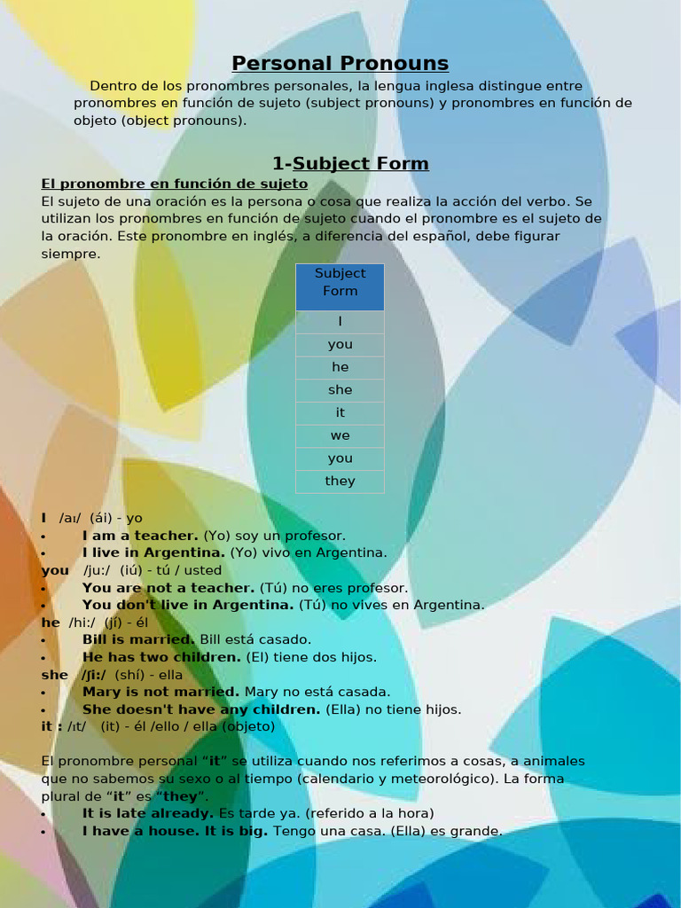 Pronombres Personales en Inglés | PDF | Asunto (gramática) | Numero ...