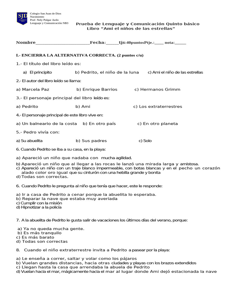 Prueba Ami El Nino de Las Estrellasfff | PDF