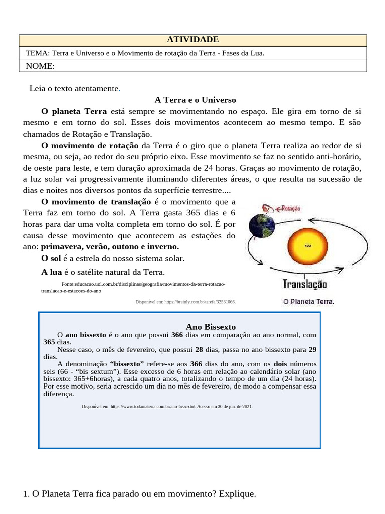 ATIVIDADE Fases Da lua-13-5o-ano-CN-Terra-e-Universo-e-o-Movimento-de-rotacao-da-Terra-Fases-da ...