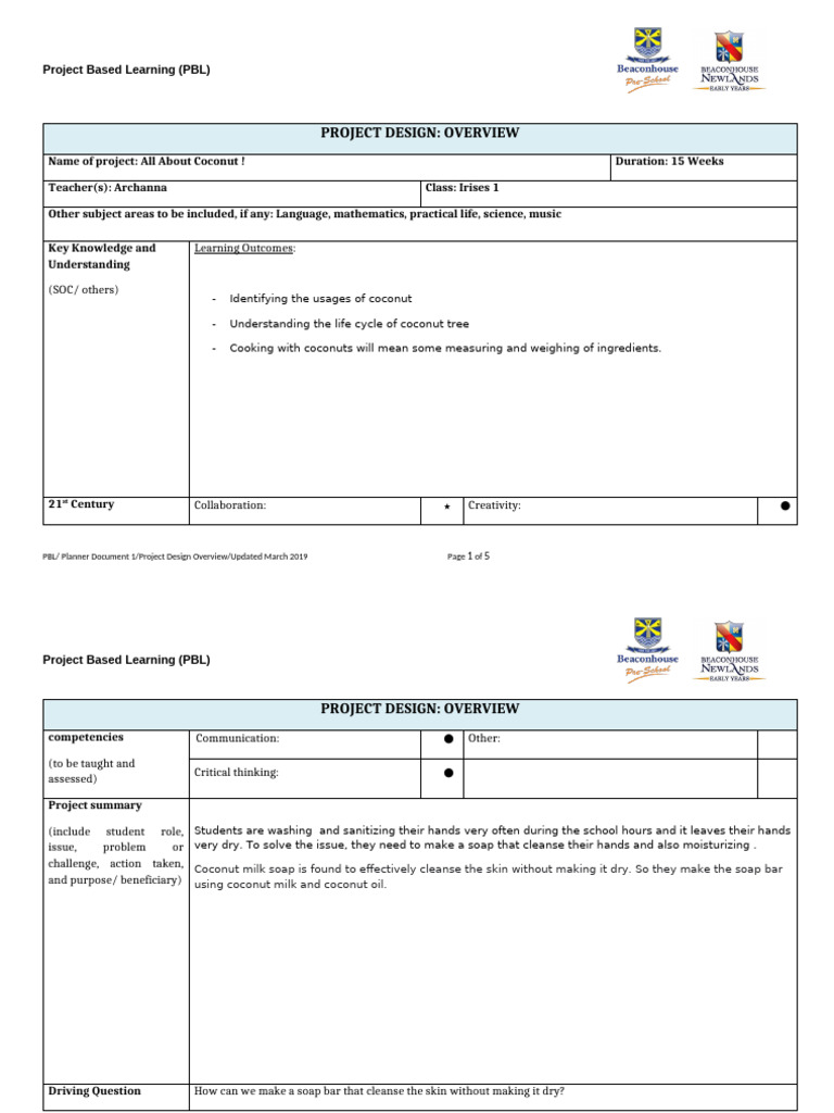 PBL Planner Doc 1 - COCONUT | PDF | Project Based Learning | Soap