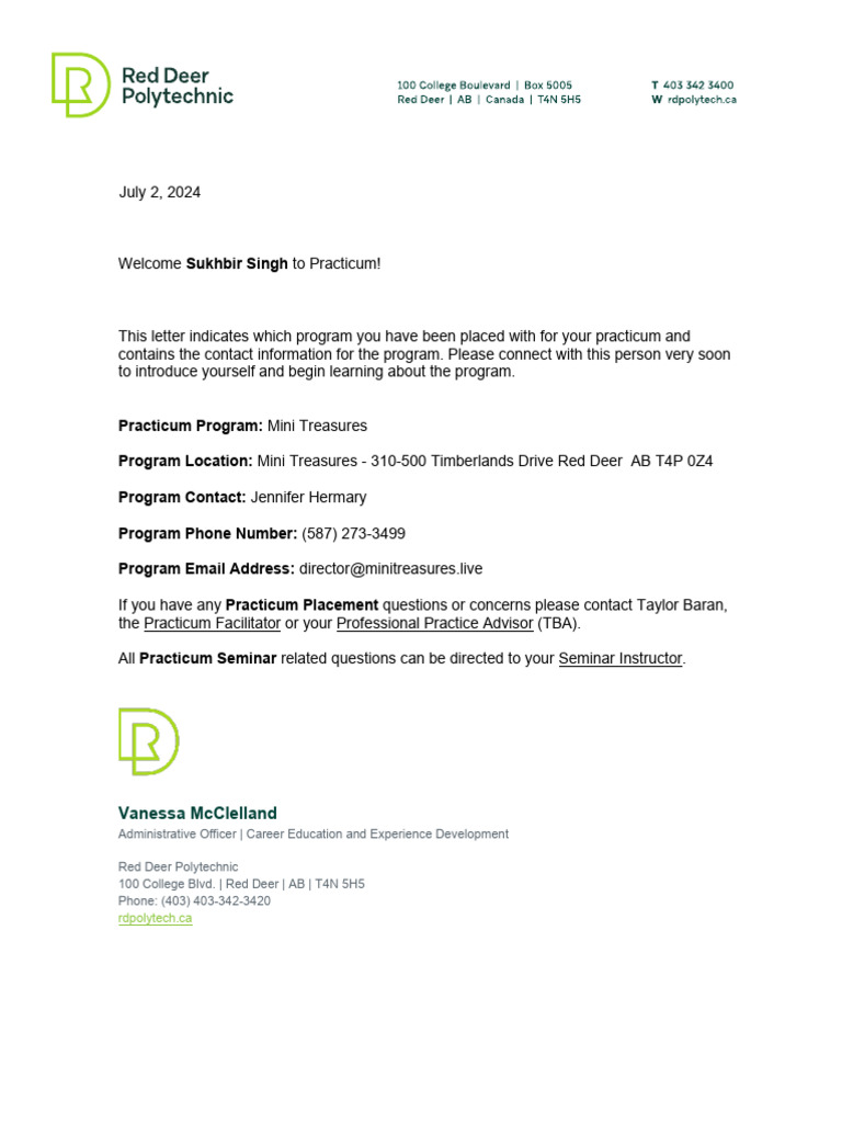 ELCC Placement Letter Summer 2024 | PDF