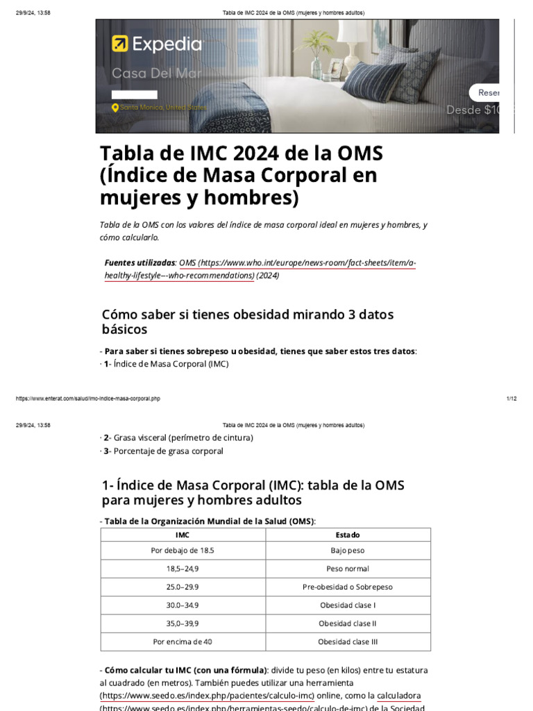 Tabla de IMC 2024 de La OMS (Mujeres y Hombres Adultos) | PDF | Índice ...