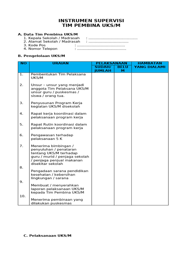 Instrumen Supervisi TP - Uks.fix | PDF
