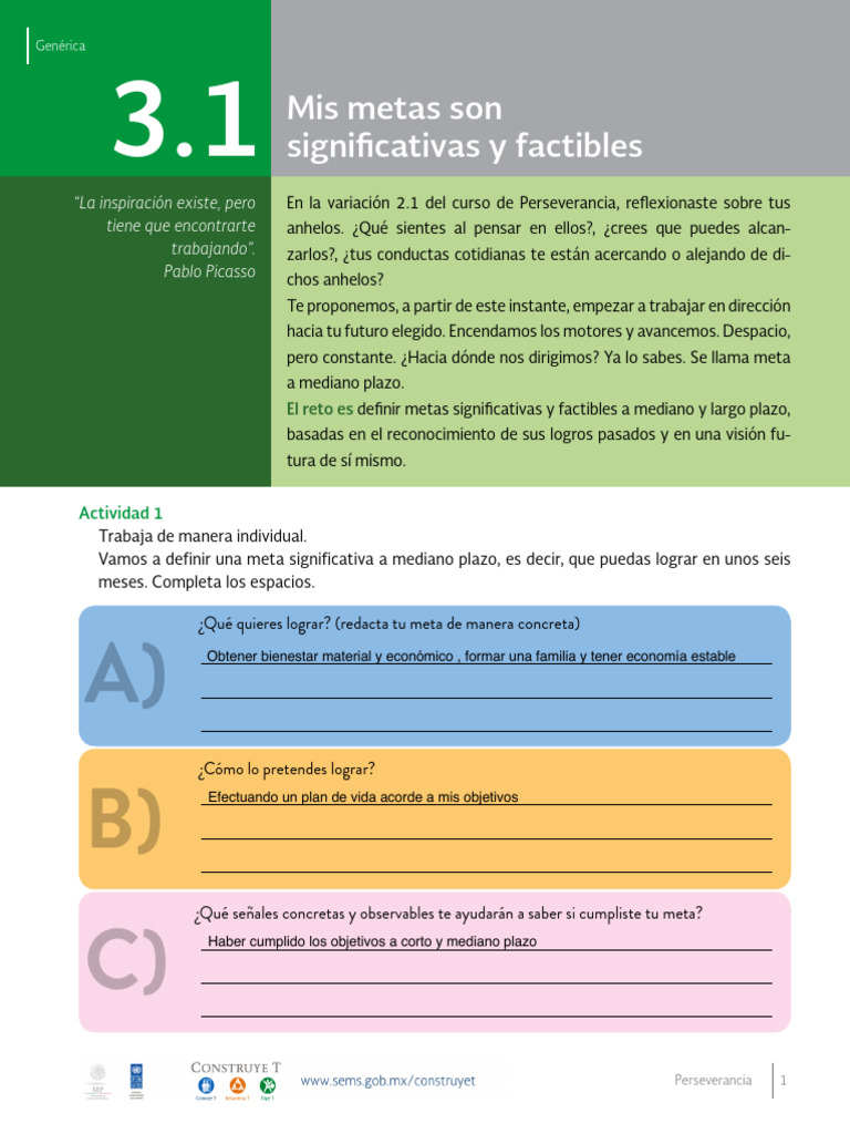 3.1 E Mis Metas Son Significativas y Factibles Generica | PDF