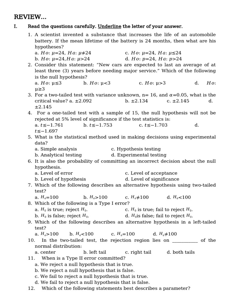 Final Stat Review Pdf Statistical Hypothesis Testing Hypothesis