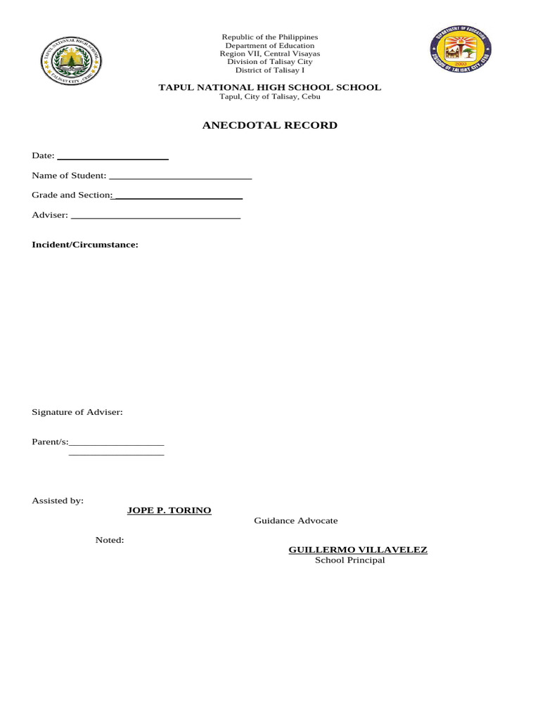 Anecdotal Record Form 2022 | PDF