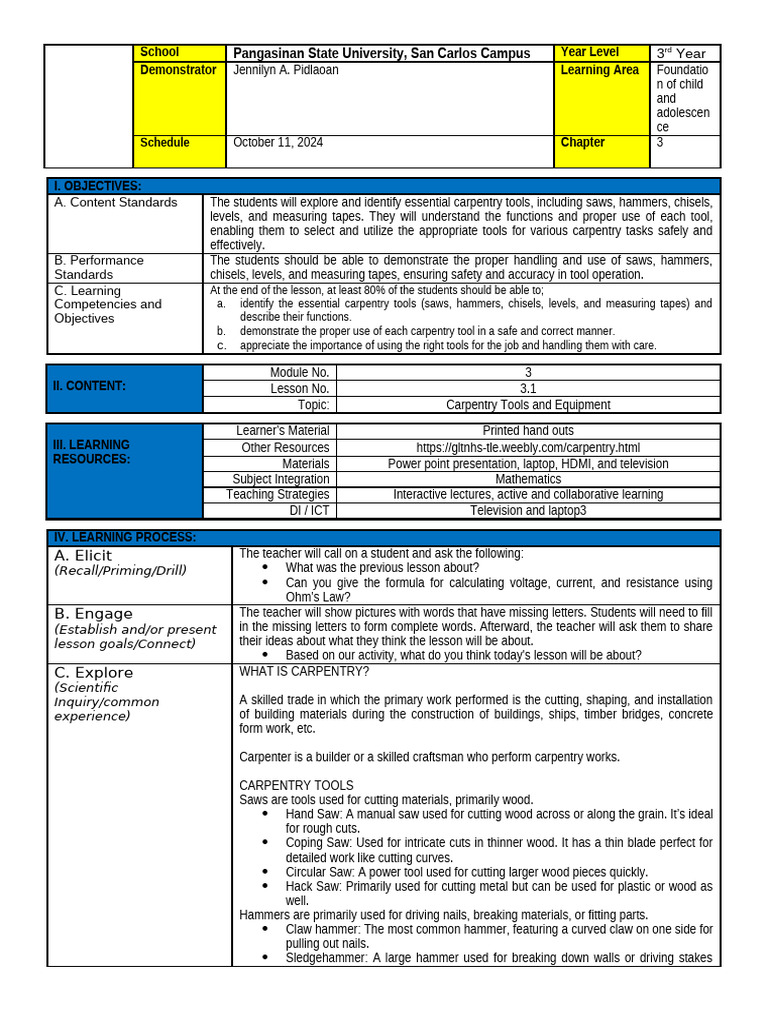 7es Lesson Plan Template | PDF | Hammer | Learning
