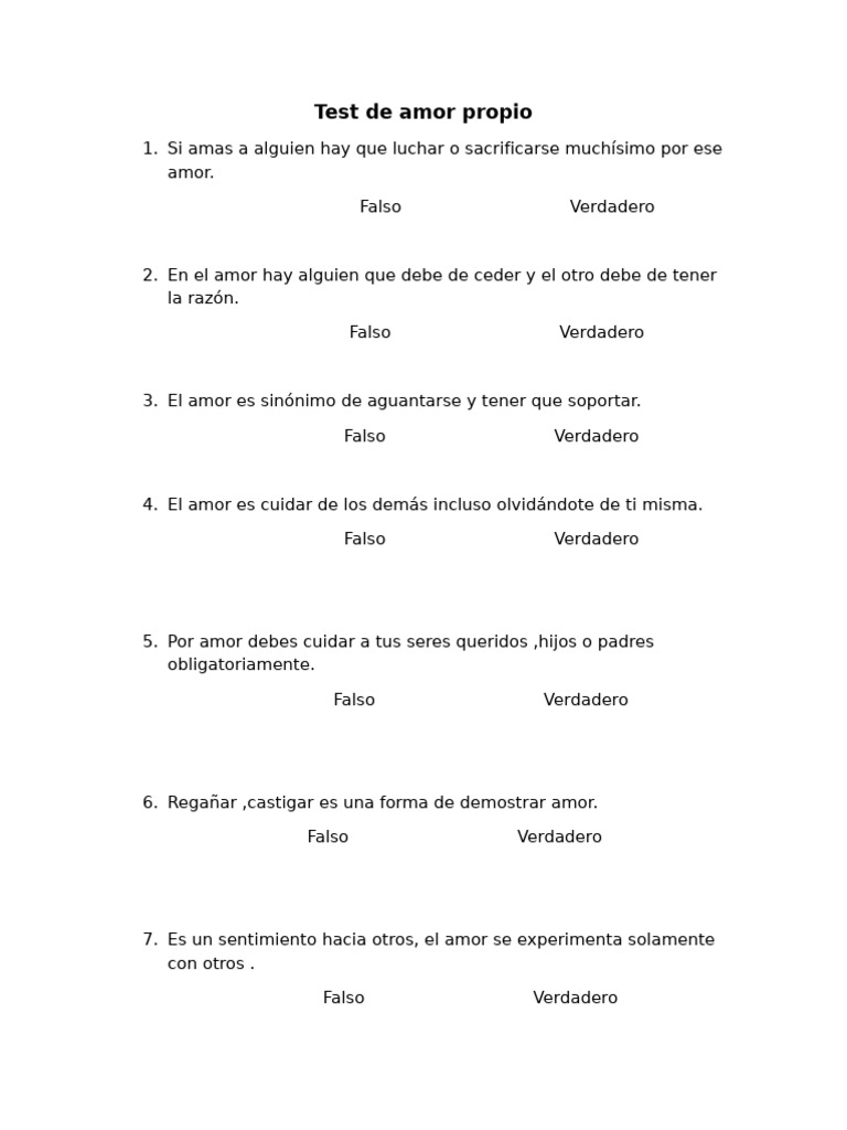 Test Amor Propio | PDF | Relaciones personales, crianza y desarrollo ...