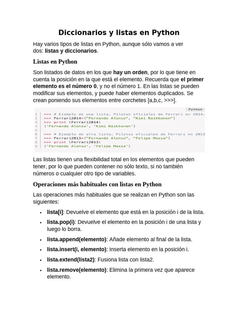 Diccionarios y Listas en Python | PDF | Python (lenguaje de programación) | Programación de ...