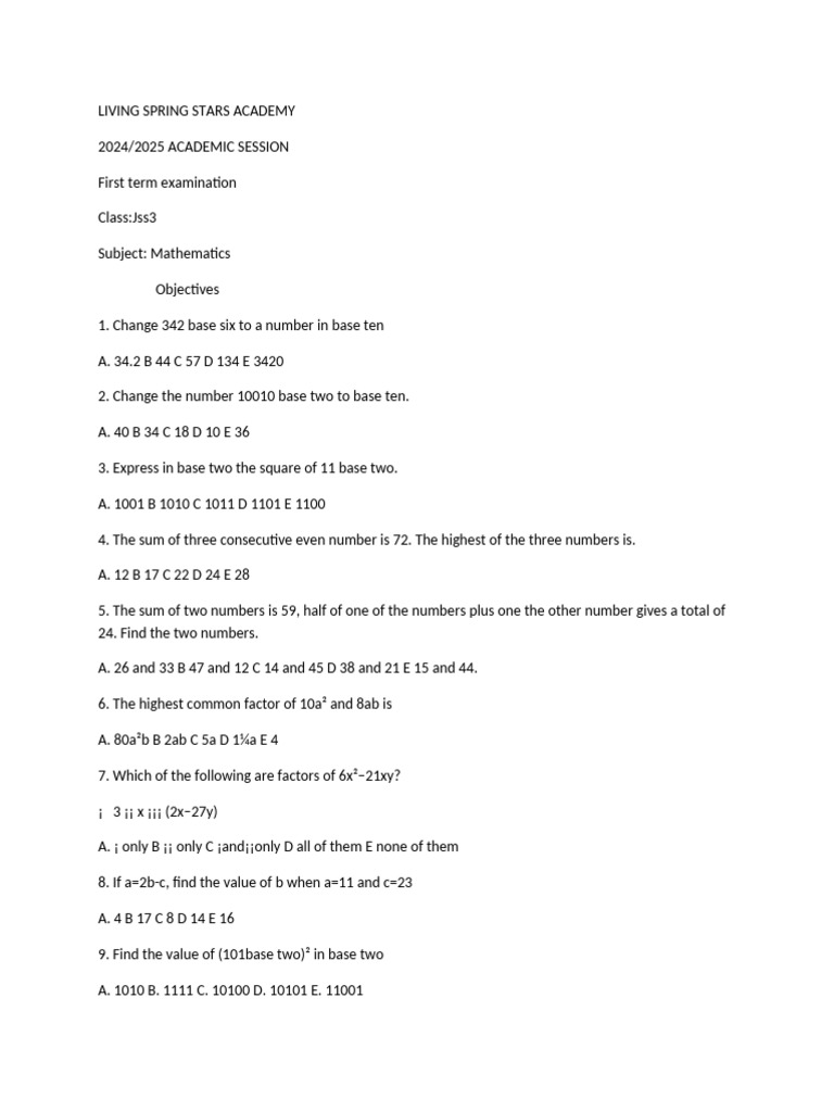 Jss 3 Mathematics Examination | PDF | Mathematical Objects | Arithmetic